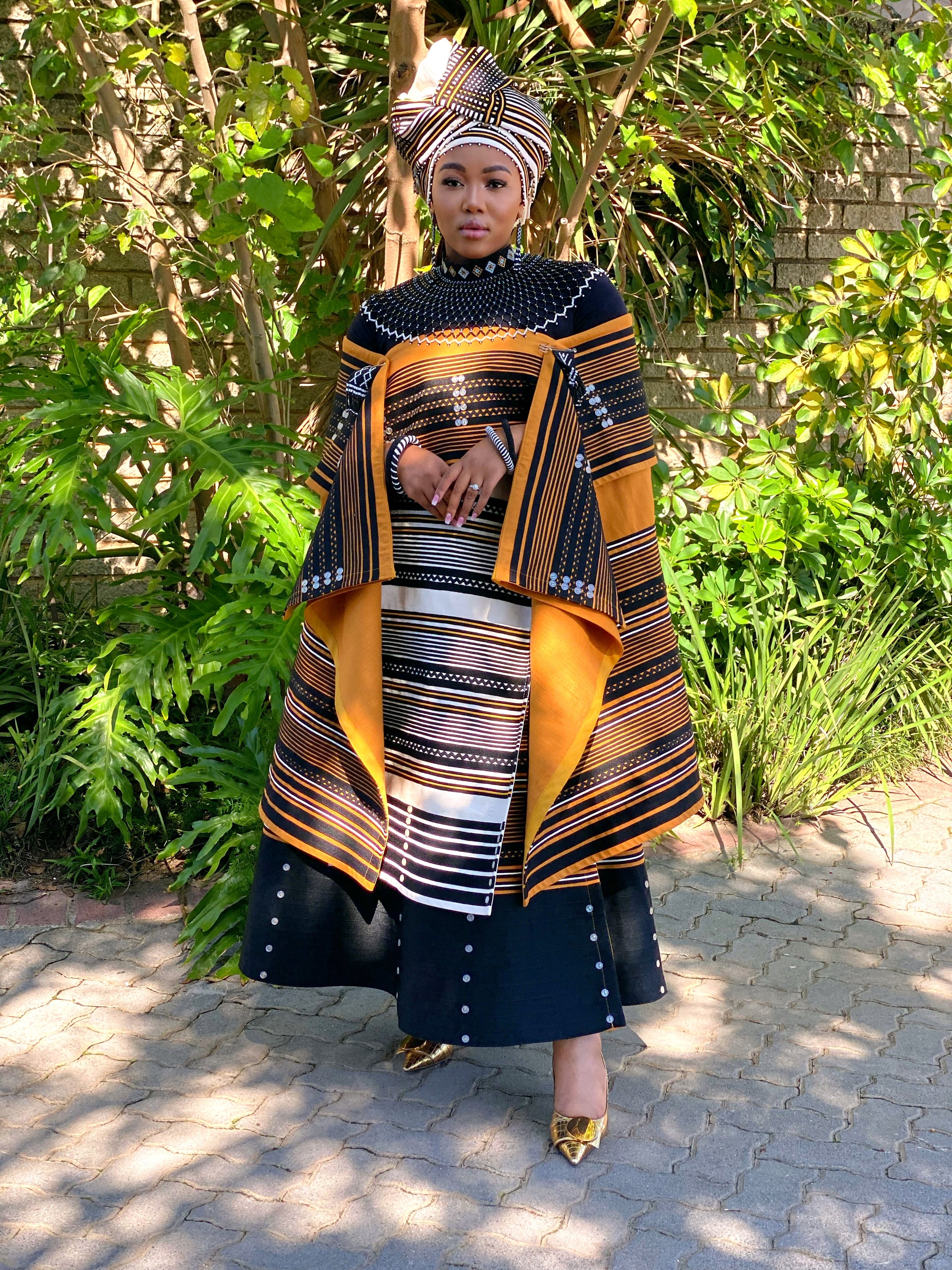 Mustard Cream and Black 5 piece Ladies Xhosa Traditional Attire